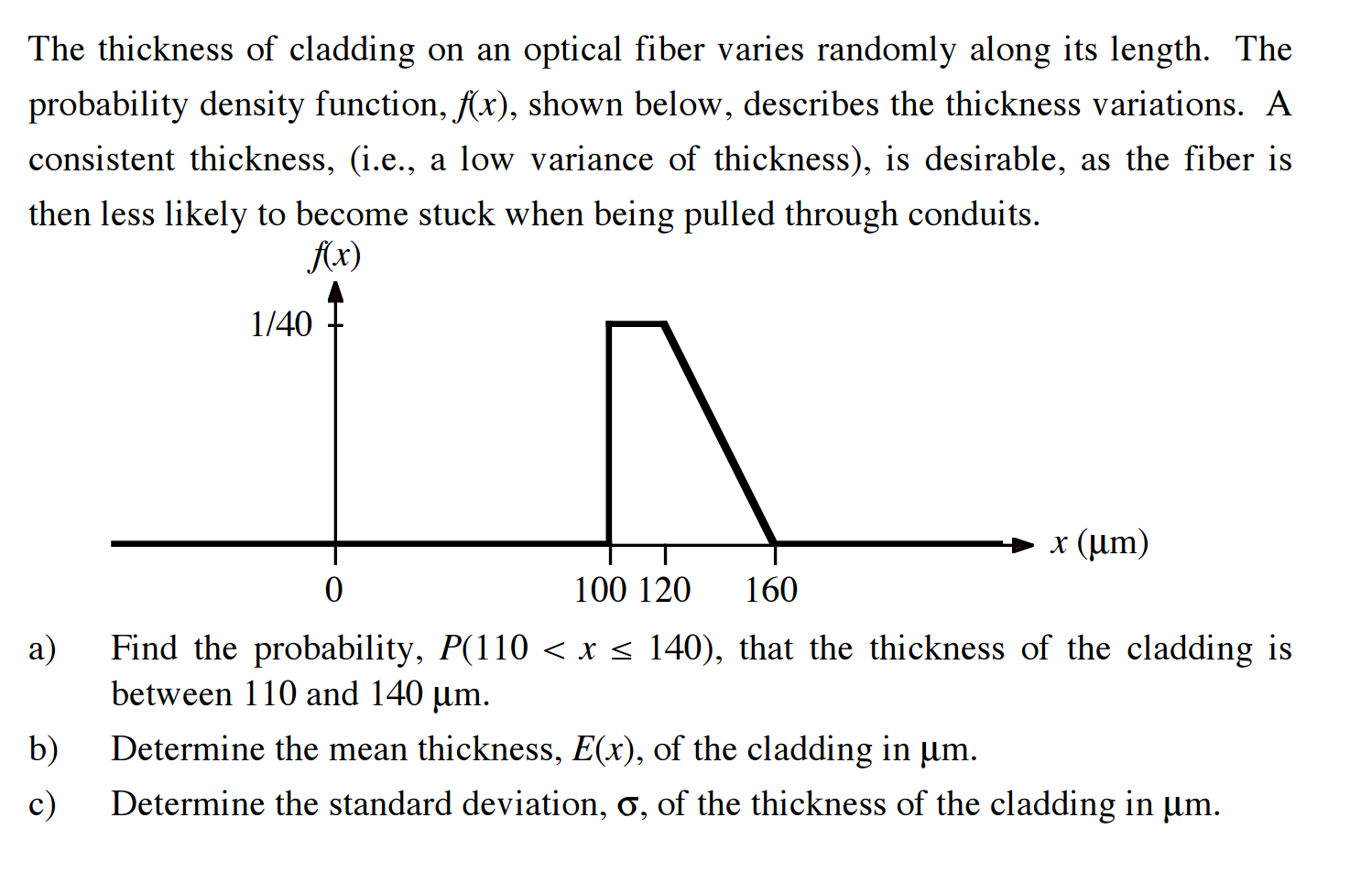 Solved The thickness of cladding on an optical fiber varies | Chegg.com
