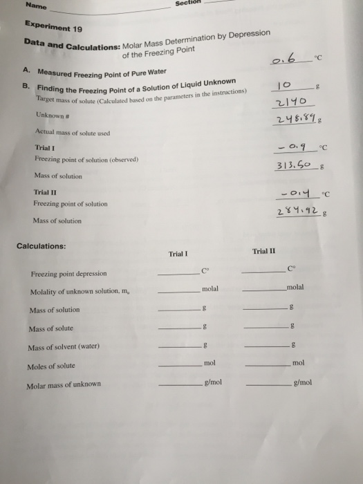 Solved Section Experiment 19 Data A. Measured B. Finding the | Chegg.com