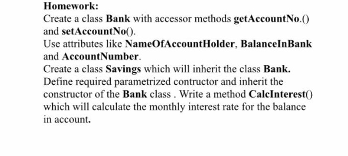 Solved Create a class Bank with accessor methods get Account | Chegg.com
