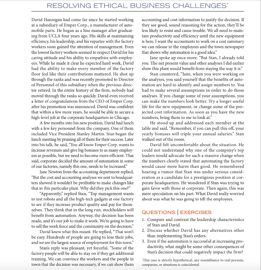 Solved RESOLVING ETHICAL BUSINESS CHALLENGES David Hannigan | Chegg.com