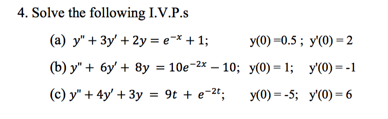 Solved Solve the following I.V.P.s (a) y" + 3y' + 2y = e^-x | Chegg.com
