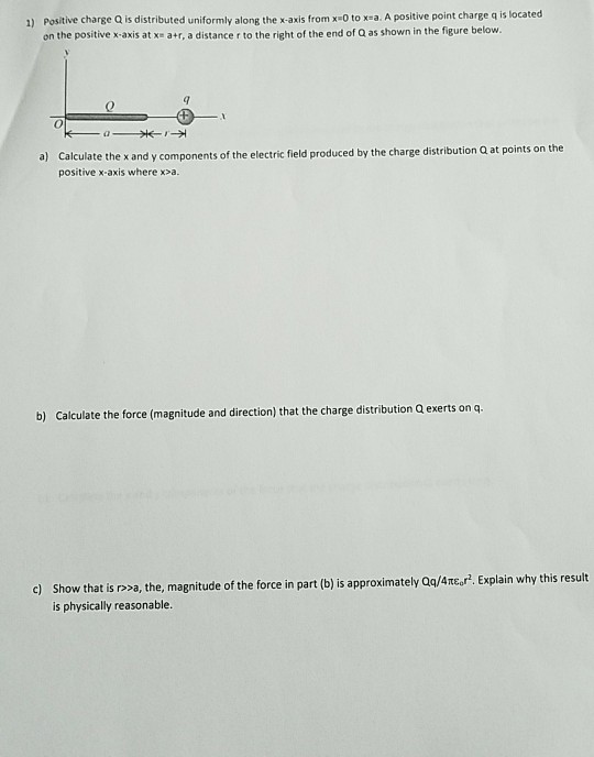 Solved Positive charge Q is distributed uniformly along the | Chegg.com