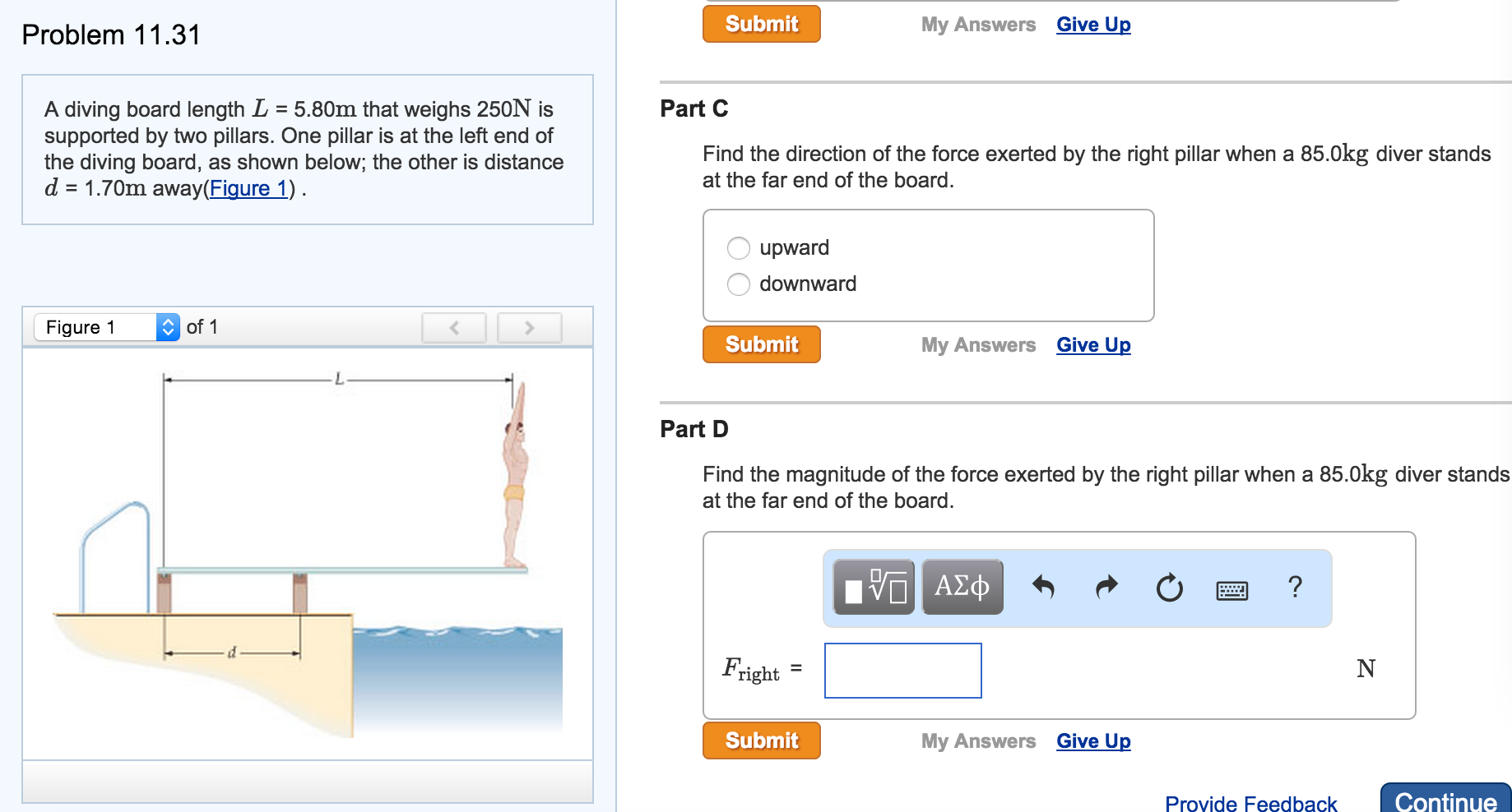 Solved A diving board length L = 5.80m that weighs 250N is | Chegg.com