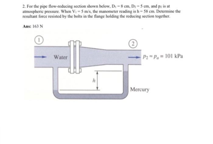 Solved For the pipe flow-reducing section shown below. D_1 = | Chegg.com