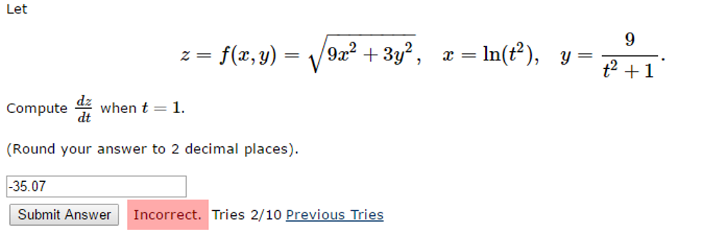 Solved Let z = f(x, y) = square root 9x^2 + 3y^2, x = ln | Chegg.com