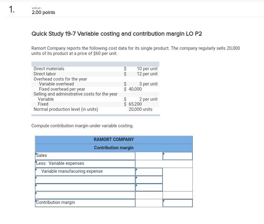 Solved value 2.00 points Quick Study 19-7 Variable costing | Chegg.com