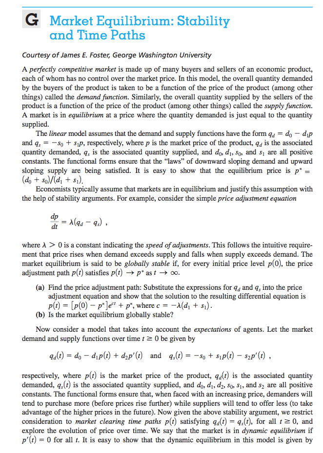 G Market Equilibrium: Stability and Time Paths | Chegg.com