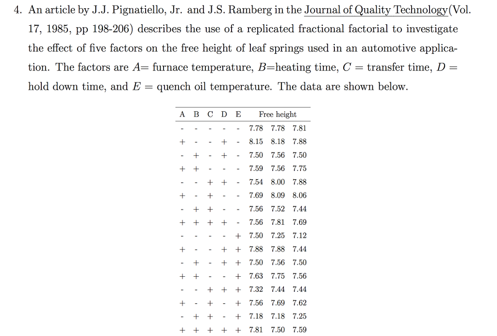 4. An article by J.J. Pignatiello, Jr. and J.S. | Chegg.com