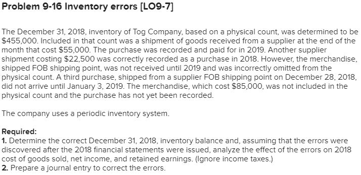 Solved Problem 9-16 Inventory errors [Lo9.7 The December 31, | Chegg.com