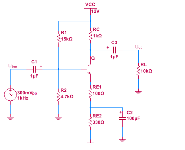 Solved VCC 12V RC R1 C3 Uut C1 RL Uinn R2 4.7k? RE1 100? | Chegg.com