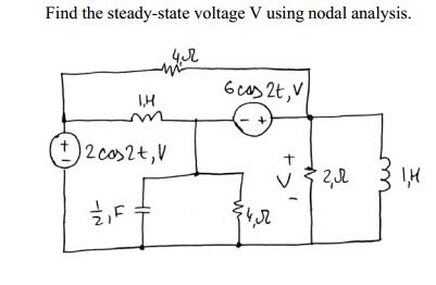Find the steady-state voltage V using nodal analysis. | Chegg.com