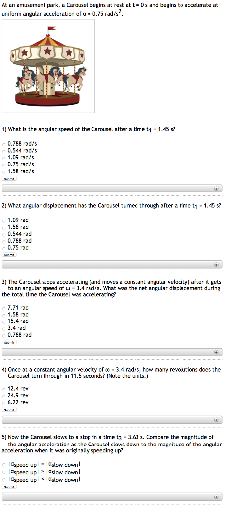 Solved At an amusement park, a Carousel begins at rest at t | Chegg.com