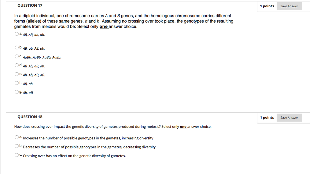 Solved Question 17 1 Points Save Answer In A Diploid 7771