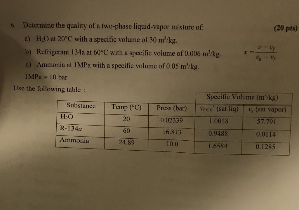 Solved 6. Determine the quality of a two-phase liquid-vapor | Chegg.com