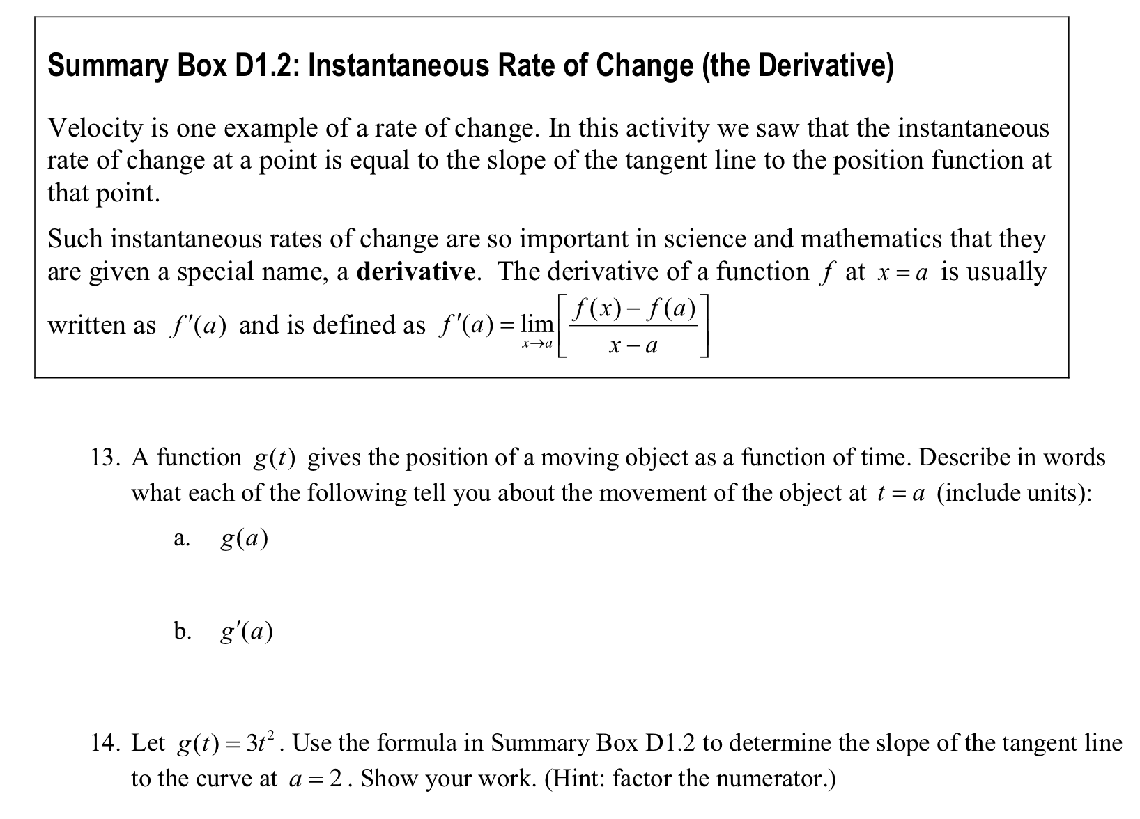 Solved Summary Box D1.2: Instantaneous Rate of Change (the | Chegg.com