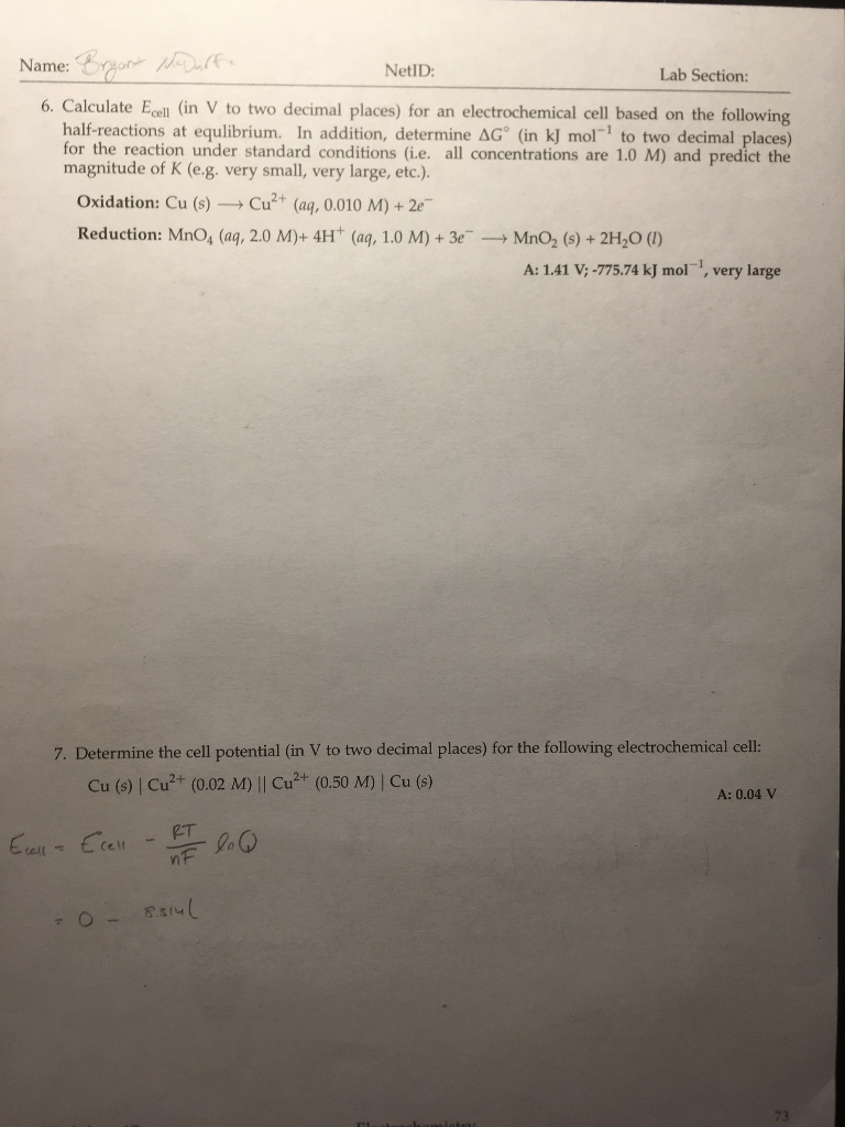 Solved Name Netid Lab Section 6 Calculate Ecel In V To