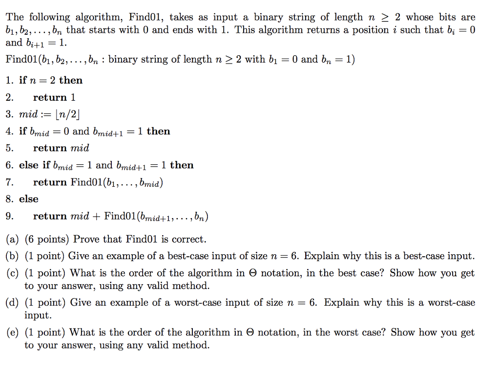 Solved The following algorithm, Find01, takes as input a | Chegg.com