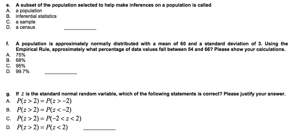 Solved e. A. B. C. D. A subset of the population selected to | Chegg.com