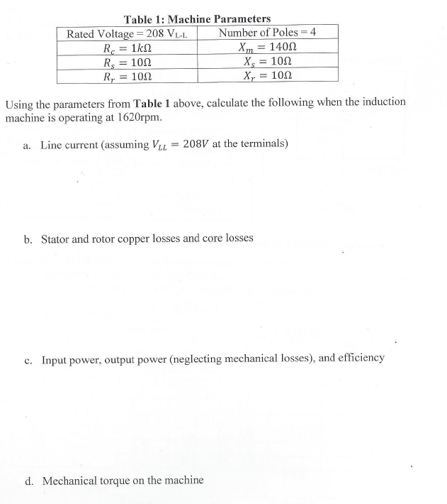 Solved Table 1: Machine Parameters Rated Voltage 208 VL-L | Chegg.com