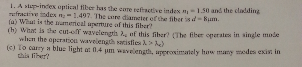 Solved A step-index optical fiber has the core refractive | Chegg.com
