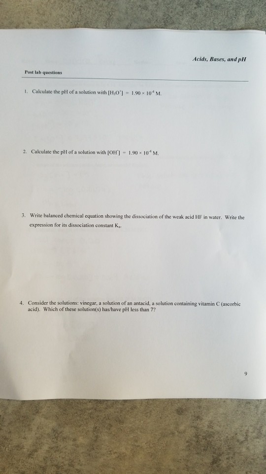 Solved Acids, Bases, and pH Post lab questions 1. Calculate | Chegg.com
