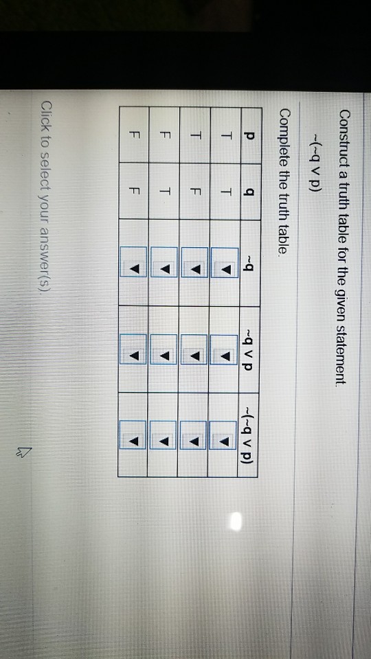 Solved Construct a truth table for the given statement. -(~q | Chegg.com