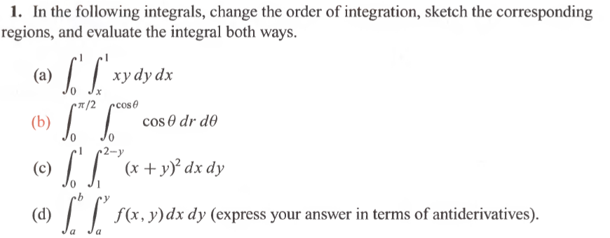 Solved 1(d). In the following integrals, change the order of | Chegg.com