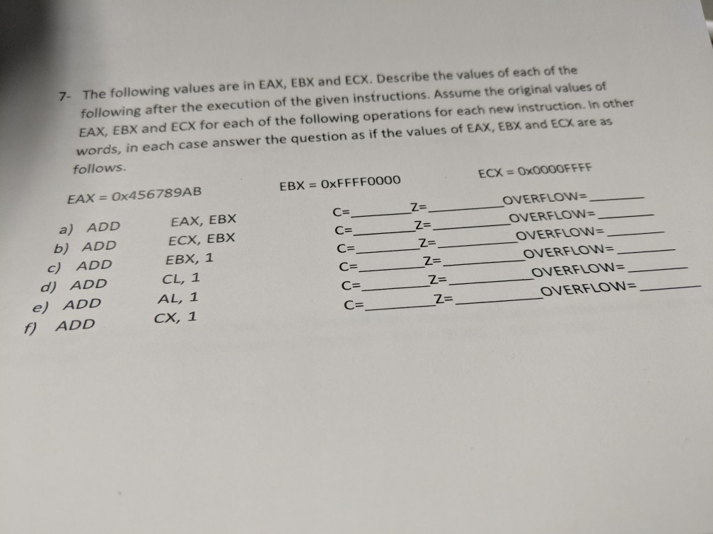 Solved The Following Values Are In Eax Ebx And Ecx