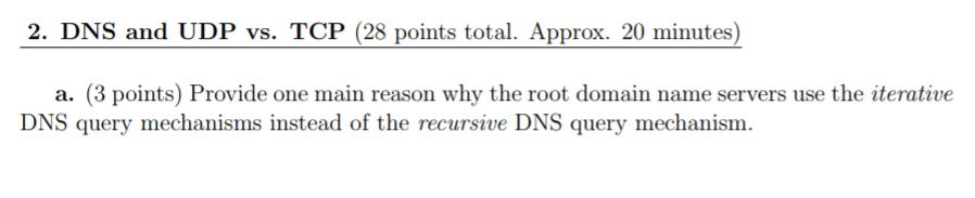 Solved 2. DNS and UDP vs. TCP (28 points total. Approx. 20 | Chegg.com