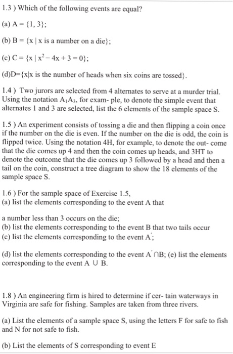 Solved Which of the following events are equal? A = {1,3}; | Chegg.com