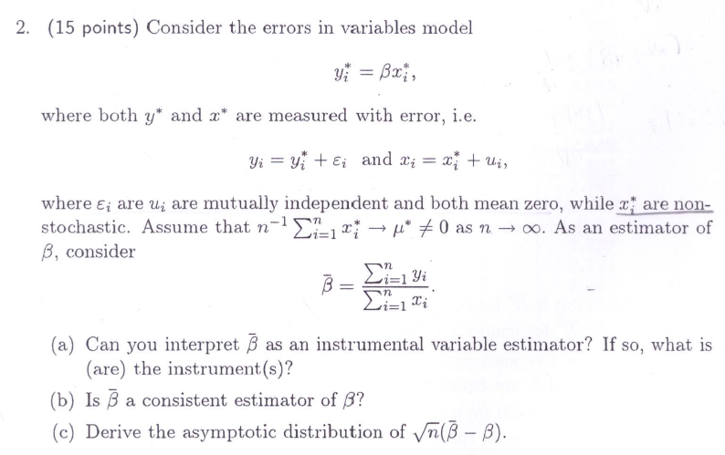 2 15 Points Consider The Errors In Variables Model 