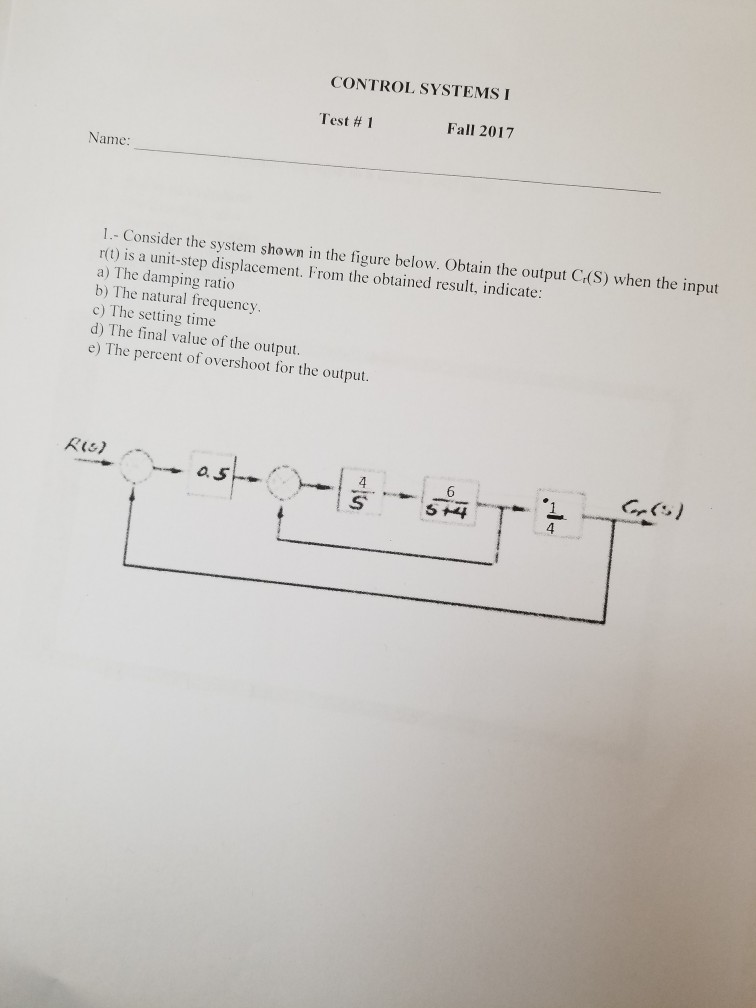 Solved CONTROL SYSTEMS I Test # 1 Fall 2017 Name: 1.- | Chegg.com