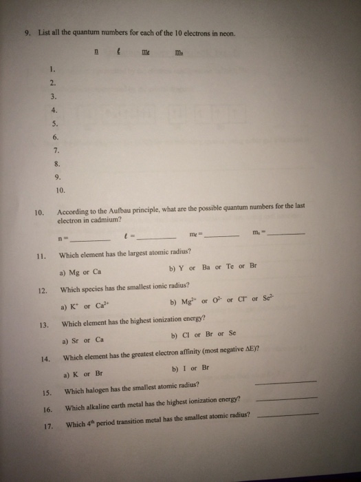 Solved Name: Chemistry IA Quantum Theory & Periodic Trends | Chegg.com