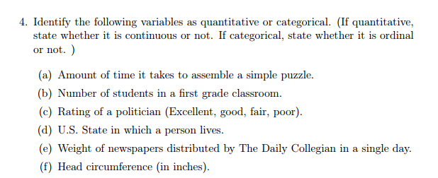 Solved Identify the following variables as quantitative or | Chegg.com