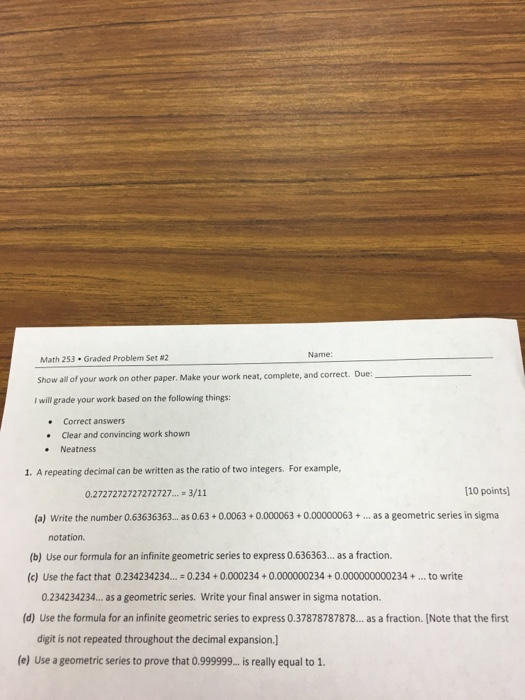 Solved Show all of your work on other paper. Make your work | Chegg.com