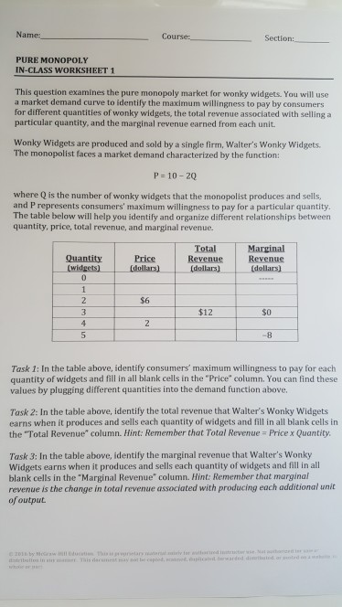 Solved Course: PURE MONOPOLY IN-CLASS WORKSHEET 1 This | Chegg.com Solved Course: PURE MONOPOLY IN-CLASS WORKSHEET 1 This | Chegg.com