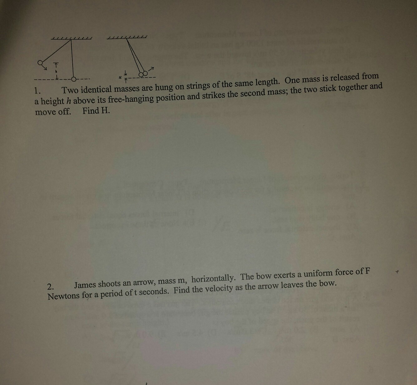 Solved 下 1. Two identical masses are hung on strings of the | Chegg.com