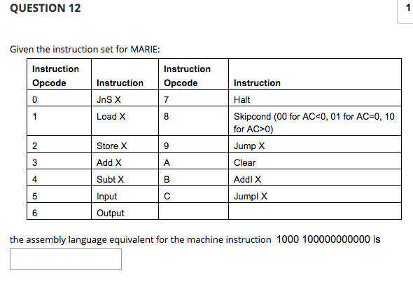 Solved QUESTION 12 Given the instruction set for MARIE: | Chegg.com