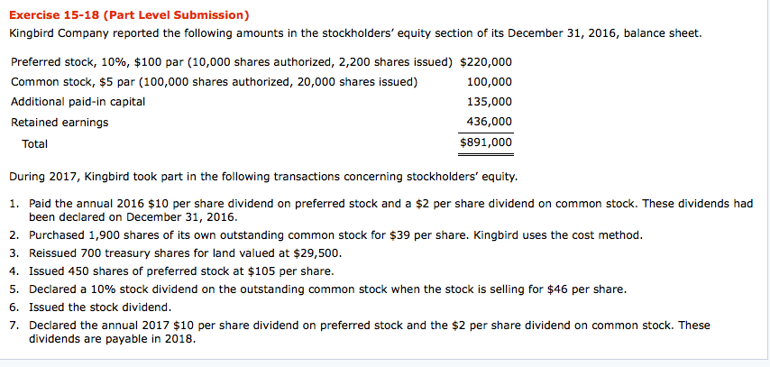 Solved Exercise 15-18 (Part Level Submission) Kingbird | Chegg.com