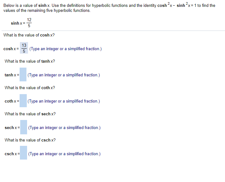 Solved Below is a value of sinh x. Use the definitions for | Chegg.com