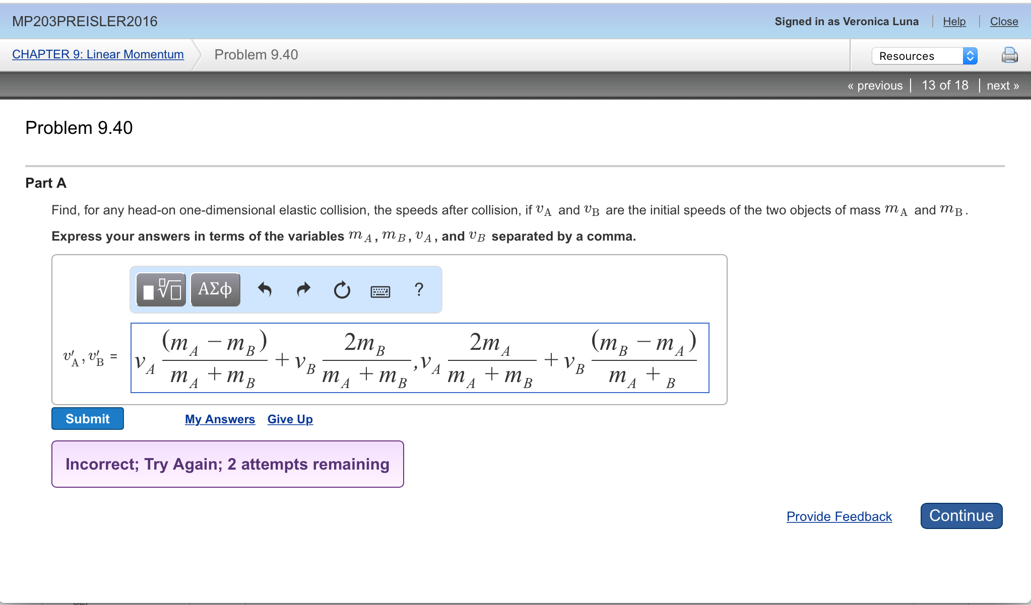 Solved Find, for any head-on one-dimensional elastic | Chegg.com