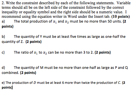 Solved 2. Write the constraint described by each of the | Chegg.com