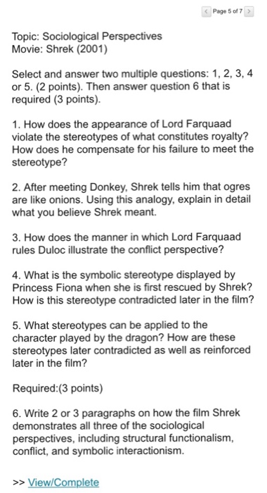 Topic: Sociological Perspectives Movie: Shrek (2001) | Chegg.com