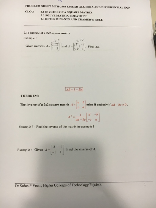 Solved inverse of a 2 times 2 square matrix Example 1: | Chegg.com