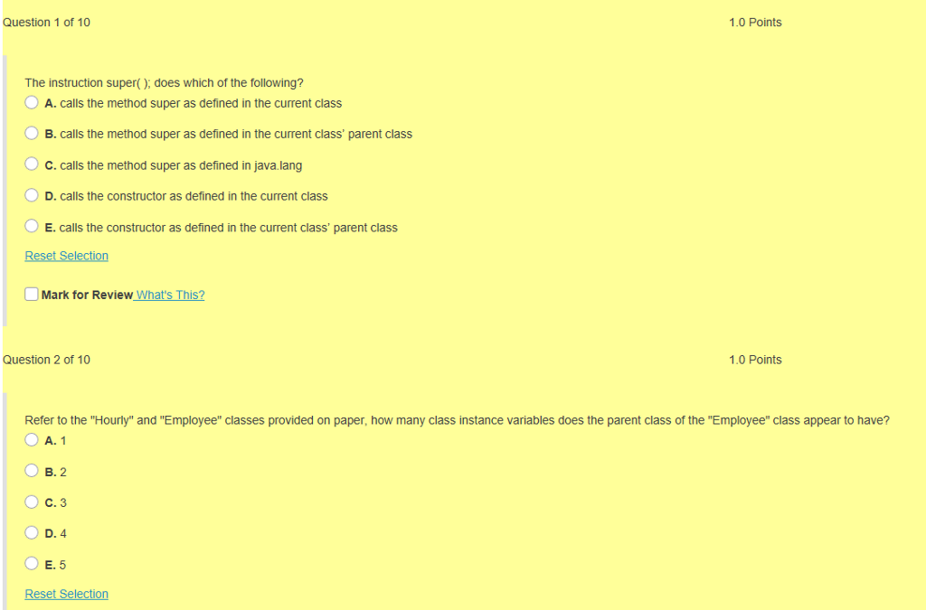 Solved Question 1 of 10 1.0 Points The instruction super(); | Chegg.com