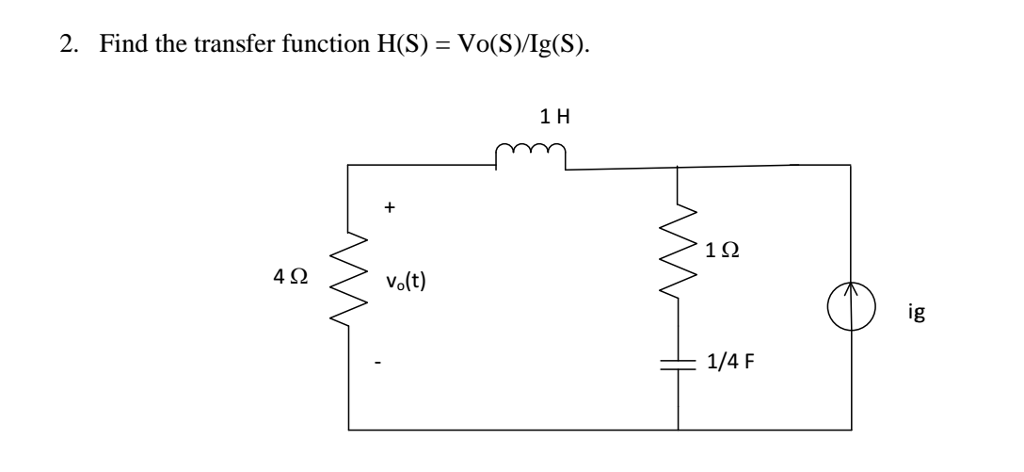 Solved 2. Find the transfer function H(S)-Vo(S)/Ig(S). 1 H | Chegg.com
