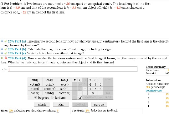 Solved (11%:) Prohlem 1: Twc lenses are mc un ied d= 261: m | Chegg.com