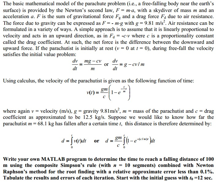 The basic mathematical model of the parachute problem | Chegg.com