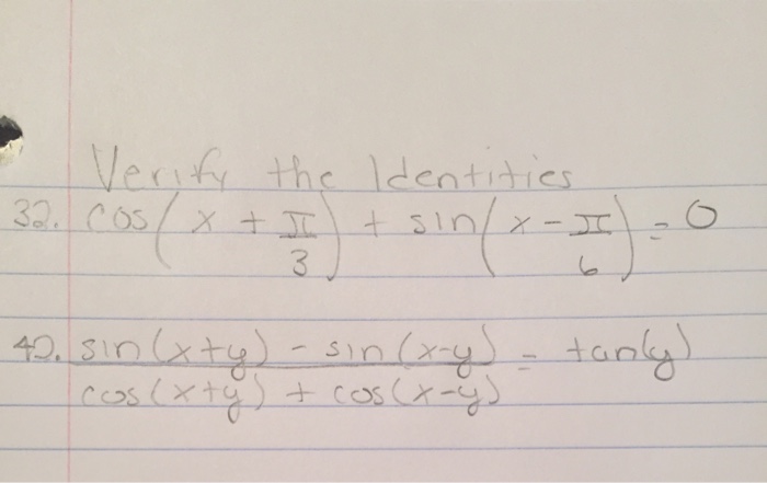Solved Verify the identities cos(x + pi/3) + sin(x - pi/6) | Chegg.com