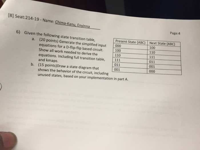 Solved Given the following state transition table, Generate | Chegg.com